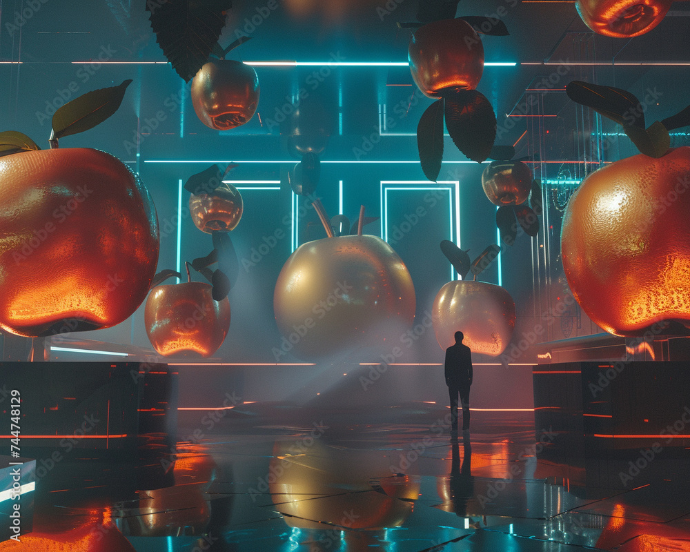 Ladon guardian of the golden apples set in a minimal neon lit 80s ...