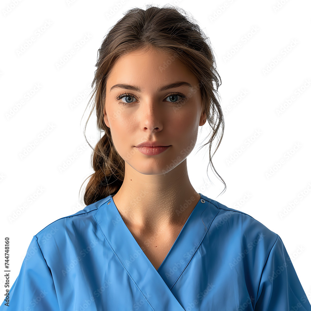 A serious portrait photo of a white female doctor on a transparent ...