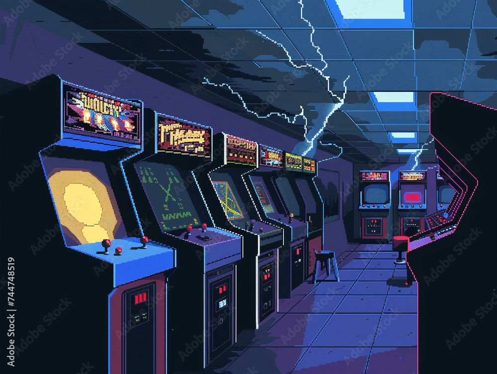 Nostalgic 80s arcade where Zeus plays video games lightning bolts in ...