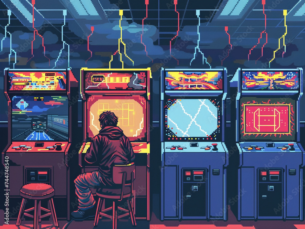 Nostalgic 80s arcade where Zeus plays video games lightning bolts in ...