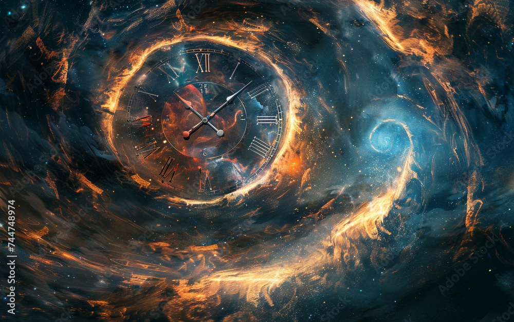 Time travel visualized through a minimalist clock face dissolving into ...