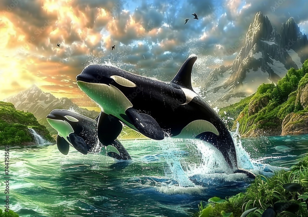 Family of orcas leaping together in a vivid, sunlit mountainous ...