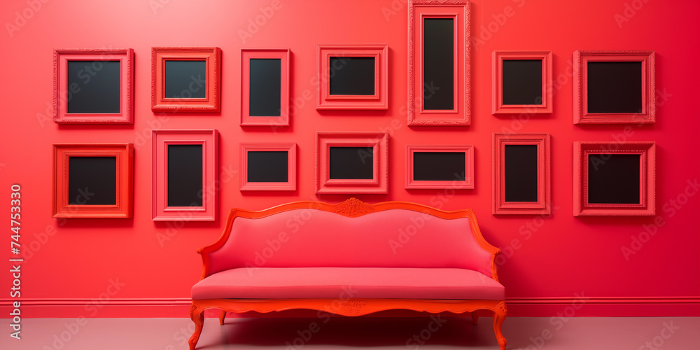empty red picture frames on a red wall above a sofa, ready for artwork ...