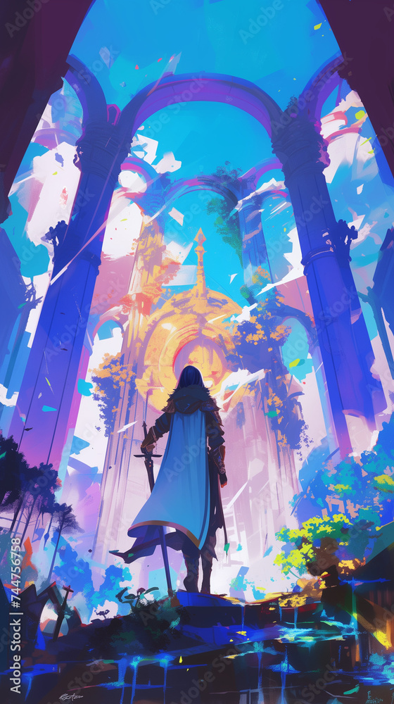 Sword Bearer Gazing at Sunlit Forgotten Temple Fantasy Concept Art ...