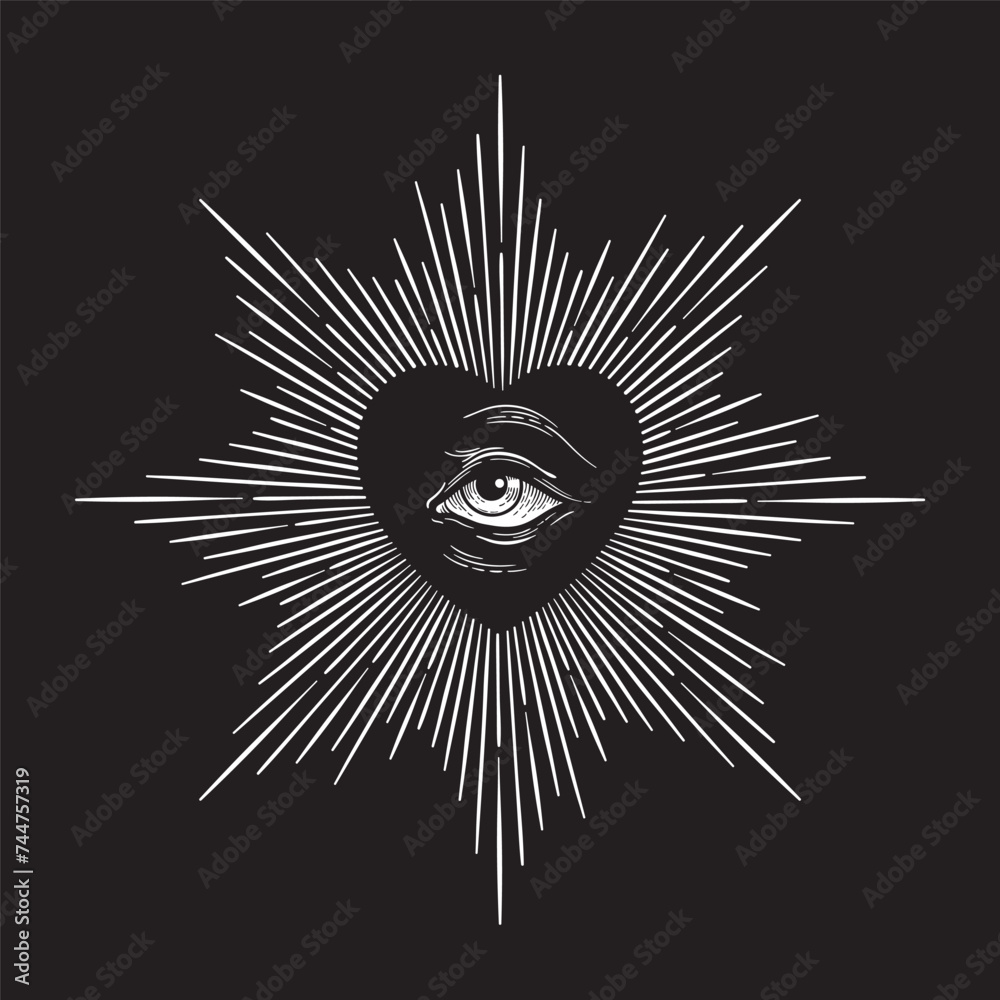 All seeing eye of God in sacred heart with rays of light sunburst hand ...