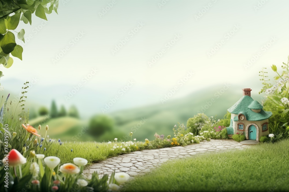 beutiful pathway and cute house on white and green background for cute ...