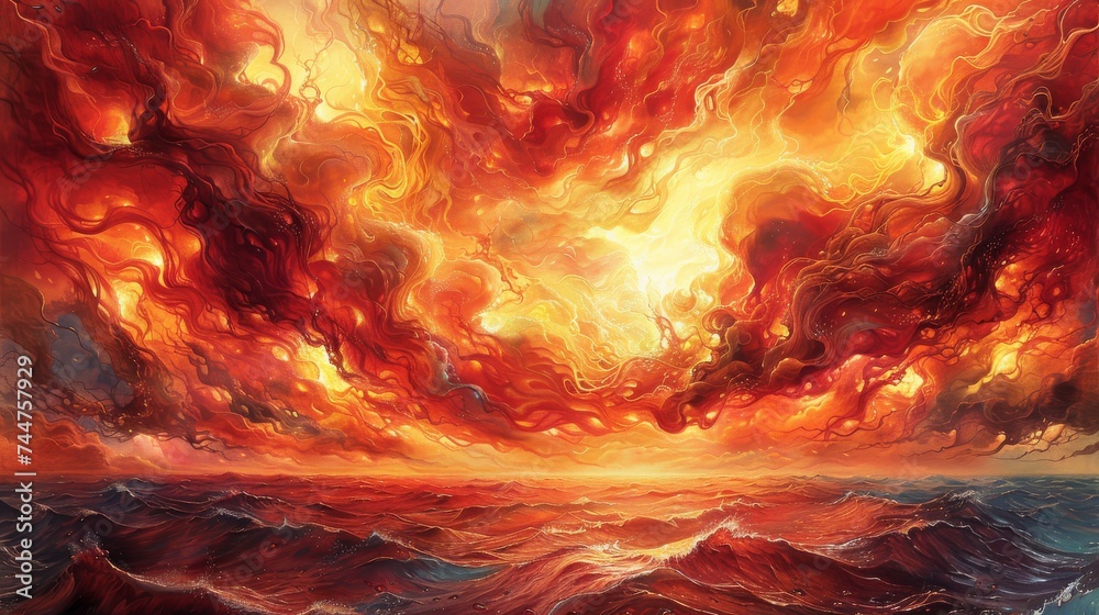 Ocean Under a Burning Sky, Vivid Fiery Cloudscape Reflecting in Water ...