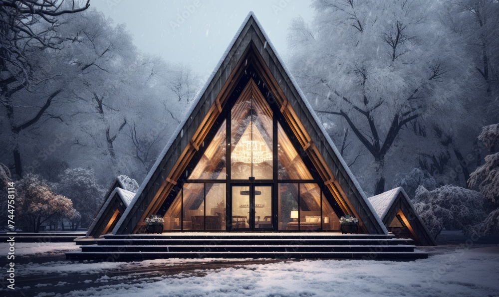 Timber cabin made from oak wood, with pitched roof and refined ...