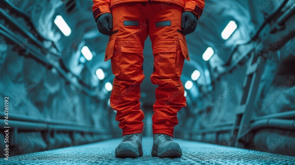 a man in an orange suit standing on a subway platform with his feet in ...
