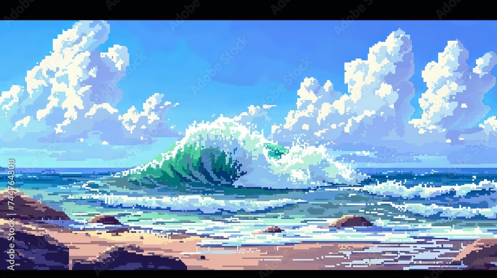 The ocean waves roll in with a rhythmic pattern, depicted in simple ...