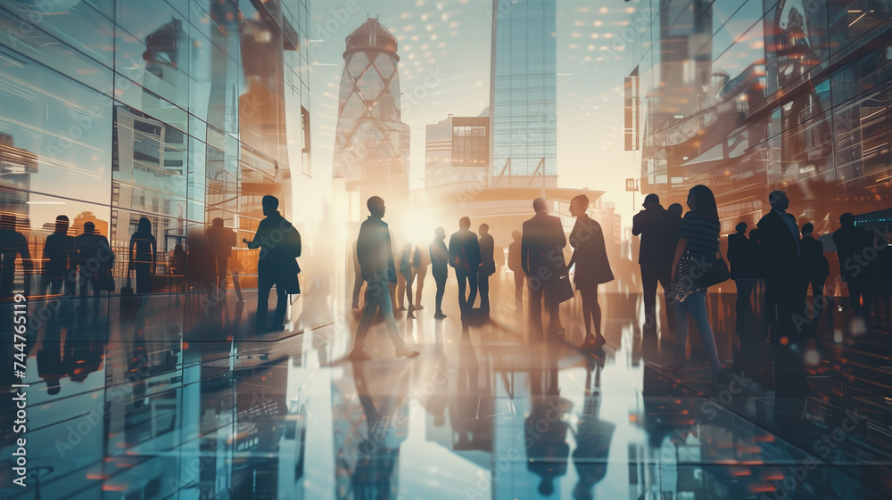Double exposure image of many business people conference group meeting ...