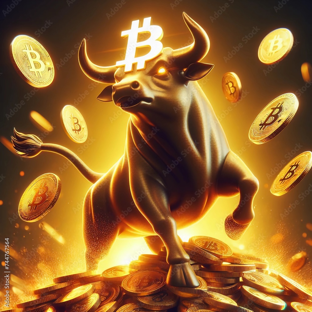 A bull statue with a shining Bitcoin logo rising above it. The bull's ...