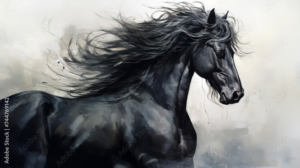 Majestic Black Stallion with Flowing Mane, created with Generative AI technology Stock ...