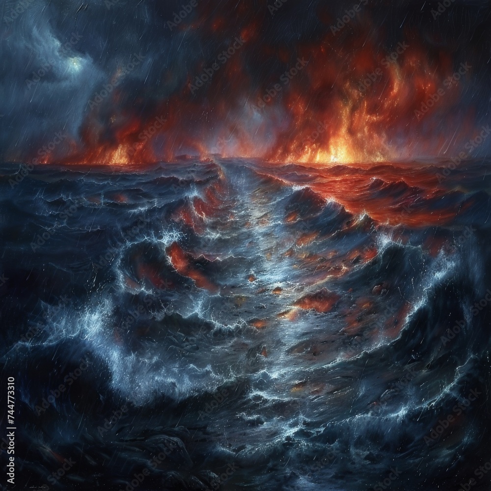 Artistic portrayal of a turbulent ocean with fiery horizon, evoking a ...