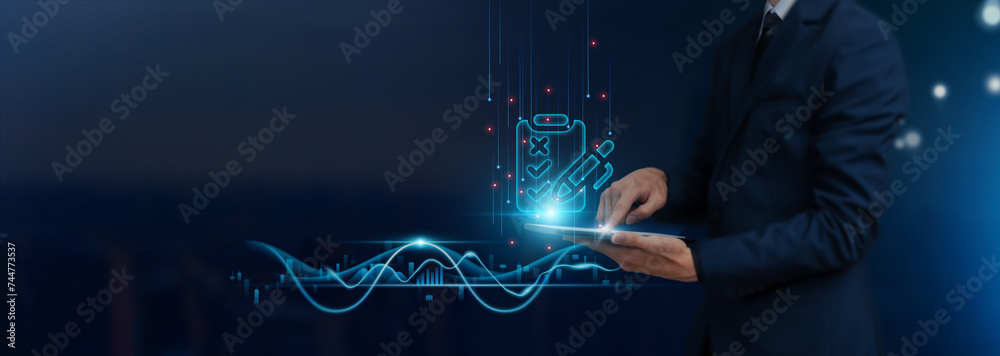 Assessment: Innovation Concept, Businessman Uses Tablet on Assessment ...