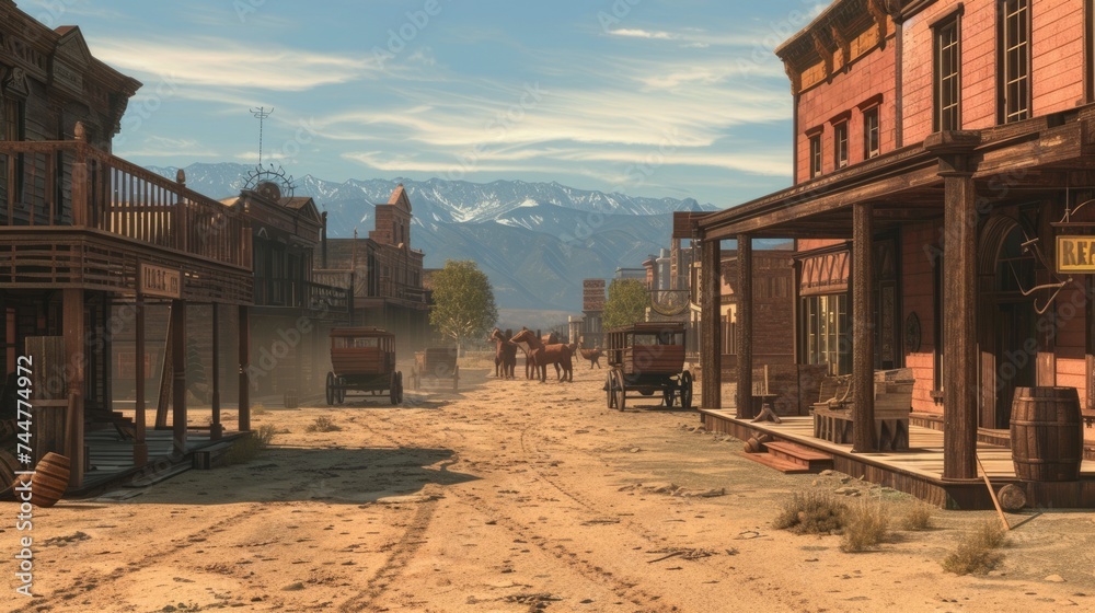 A captivating scene of a Western town at sunset, featuring horse-drawn ...