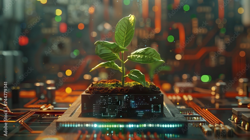 Tree with soil growing on the converging point of computer circuit ...