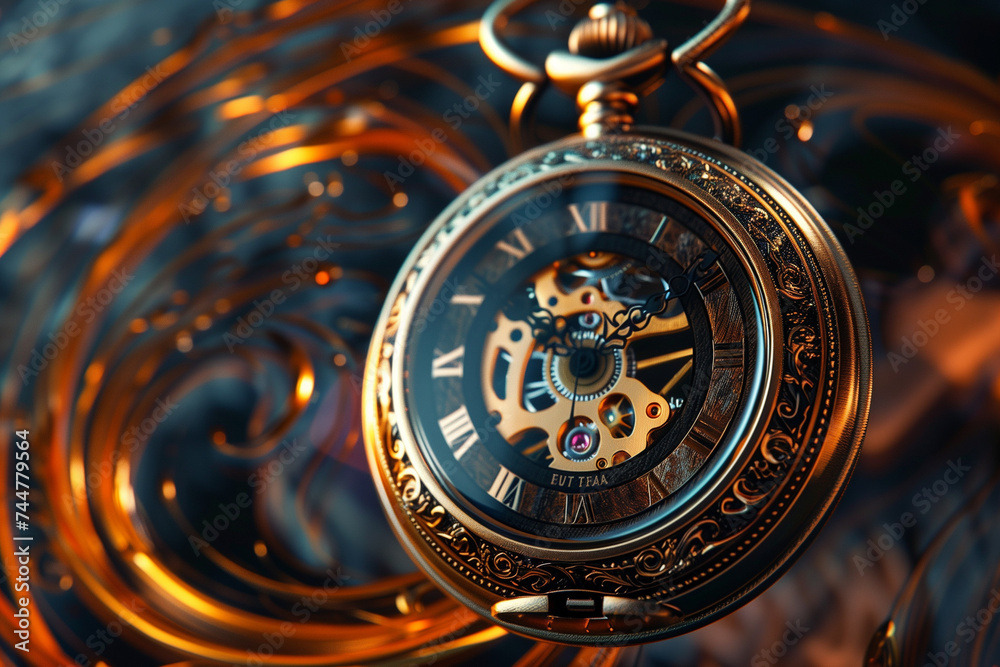 Vintage pocket watch with a swirling vortex behind it, elements of ...