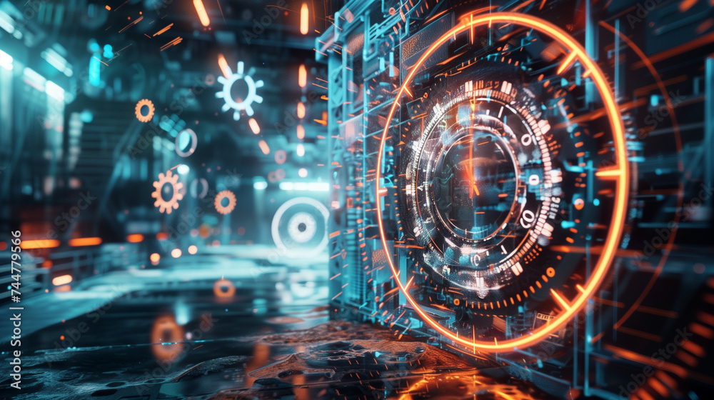 Futuristic portal opening in a science lab, clock gears floating around ...