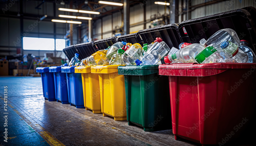 A variety of recycling bins are lined up in a warehouse, ready to be ...