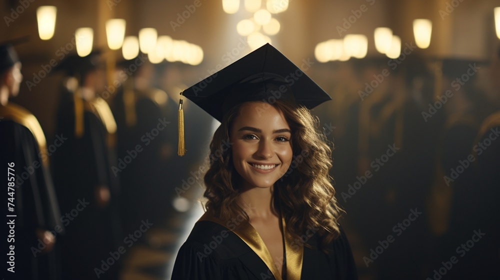 confident young woman in a graduation cap and gown with a golden stole ...