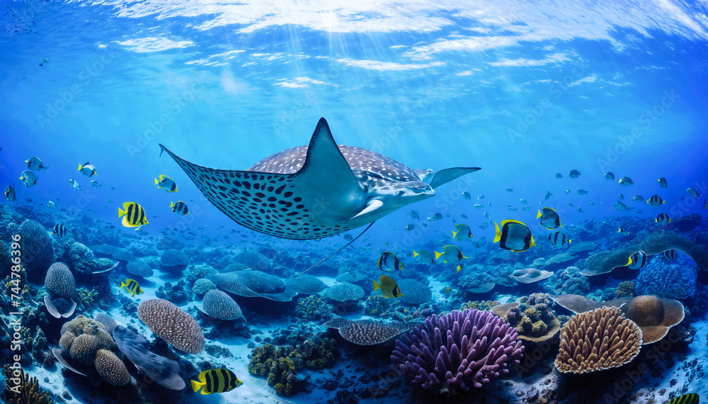 Underwater scene with a stingray and various species of fish swimming ...