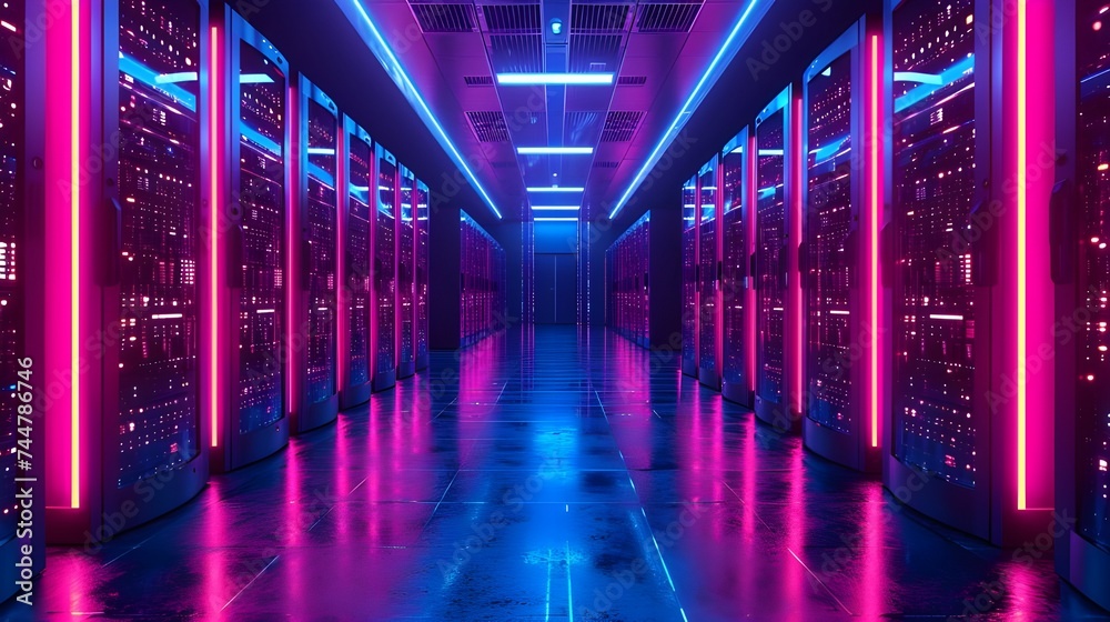 Data Center Server Room. Network Communication, Colorful Neon Server ...