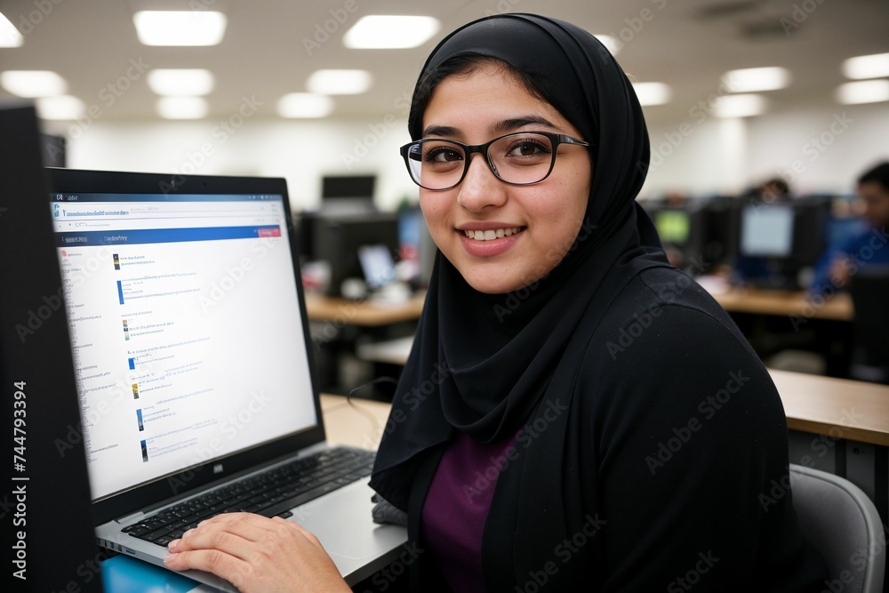 A young Muslim woman, wearing glasses and a hijab, is coding on her ...