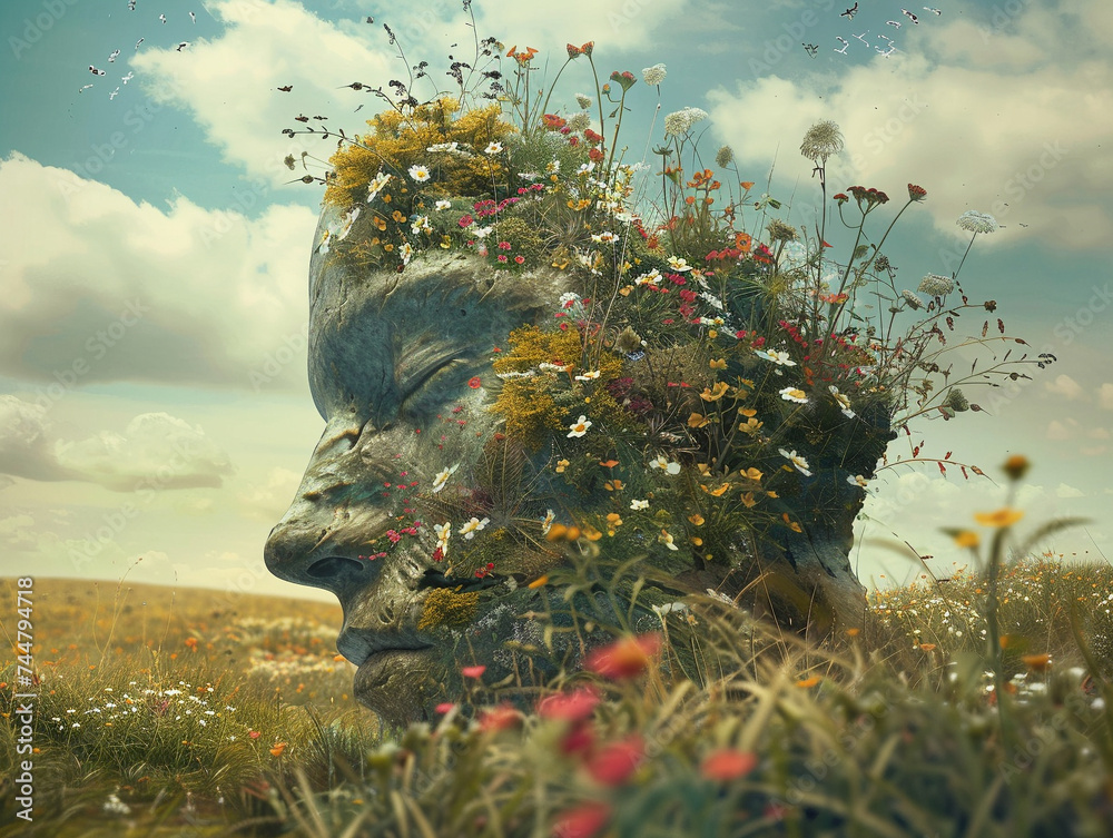 Whimsical scene of a human head as part of the landscape with meadow ...