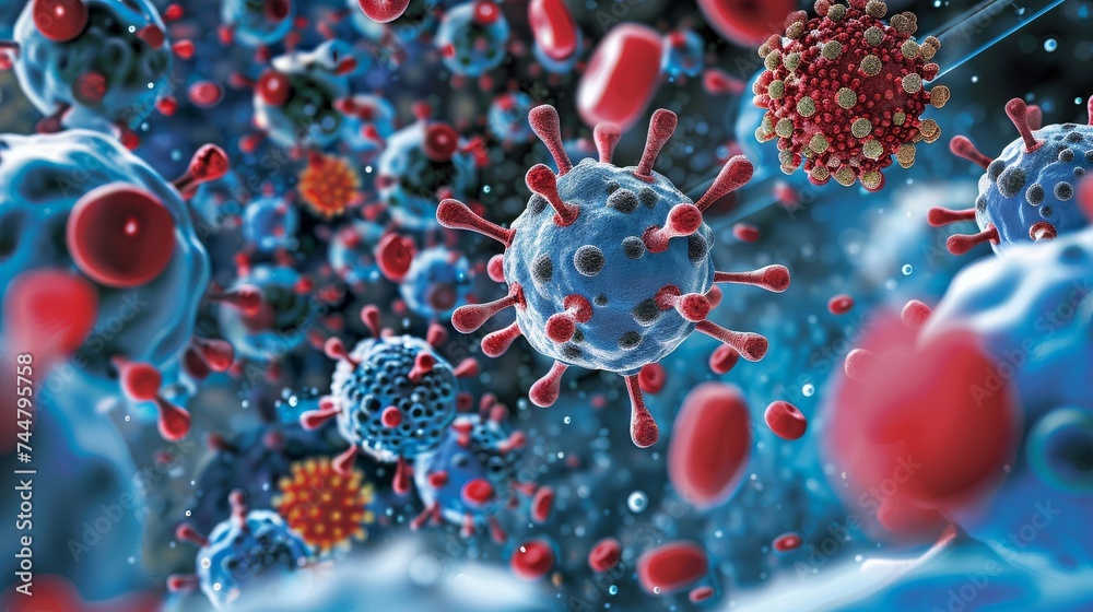 Microscopic Pathogen Visualization in Blue and Red. Digital rendering ...