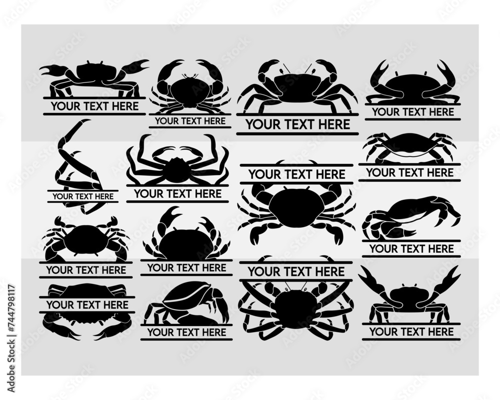 Crab Split Monogram, Crab Silhouette Svg, Seafood svg, Silhouette Svg ...