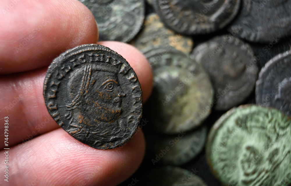 Ancient Roman coin with portrait of emperor Licinius, old bronze money ...