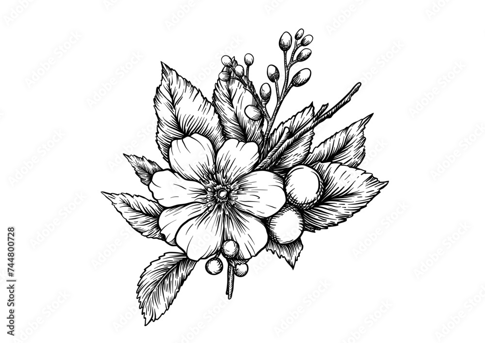 Boutonniere of wild rose flowers and berries Clip art, set of elements ...