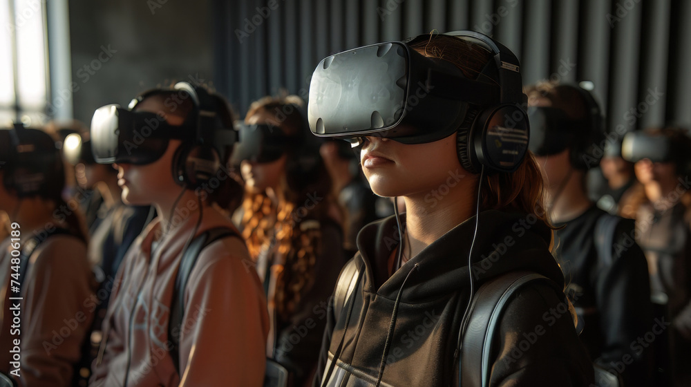 Virtual Classroom: A group of students wearing VR headsets ...