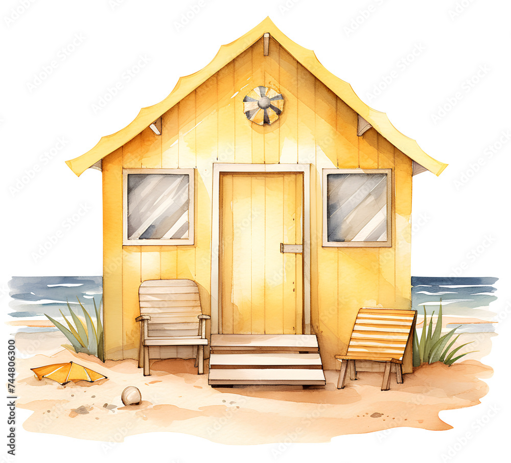Watercolor illustration of a yellow beach hut. Transparent background ...