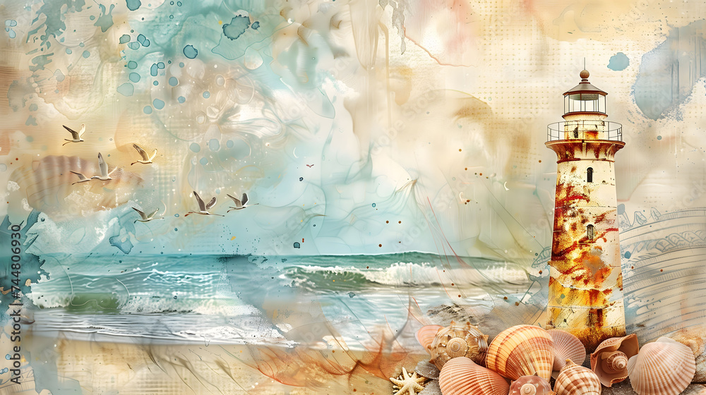 Vintage wallpaper with a lighthouse at the sea, some shells, collage ...