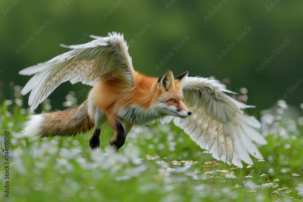 Beautiful Mythical Winged Fox in a Field, Bibi in Chinese Mythology ...