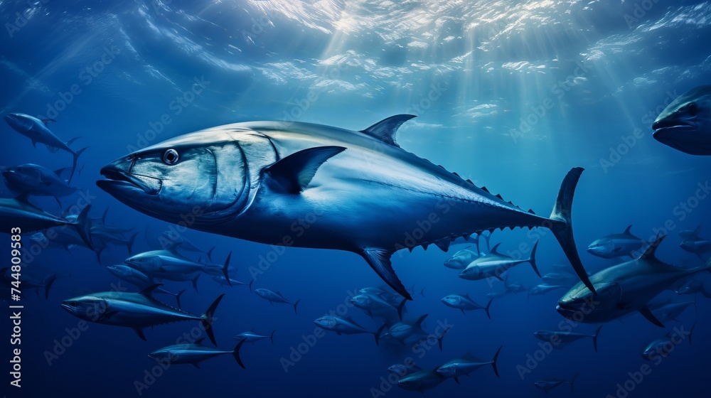 Inside a giant travelly tuna school of fish close up in the deep blue ...