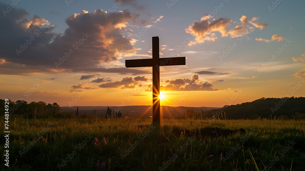 cross on the hill during sunset on easter, Easter day poster, easter ...