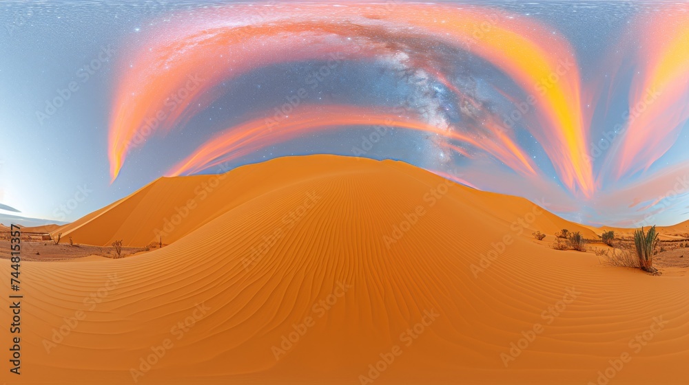 Surreal desert panorama with vibrant aurora-like ribbons across the sky ...