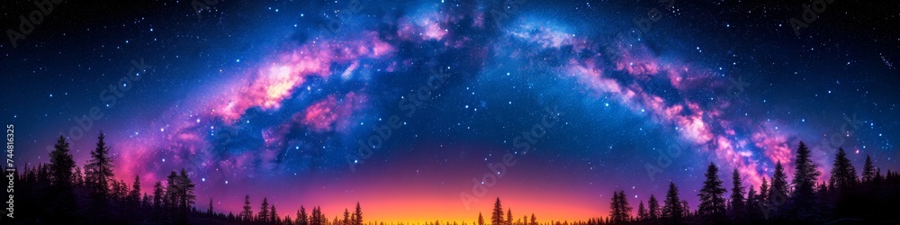Cosmic digital artwork of a vibrant nebula forming an arch over a ...