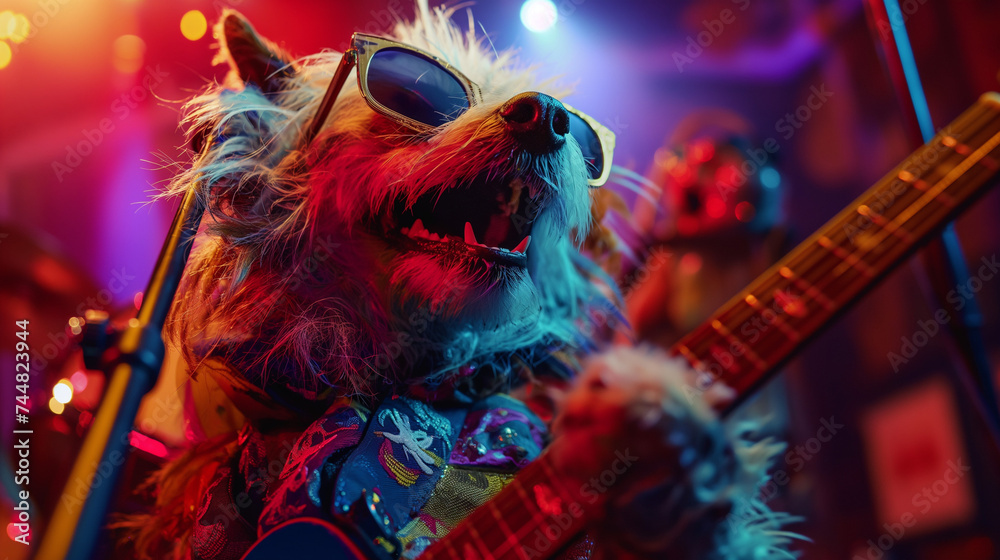 Devoted rock star dog with stylish sunglasses singing and playing rock ...