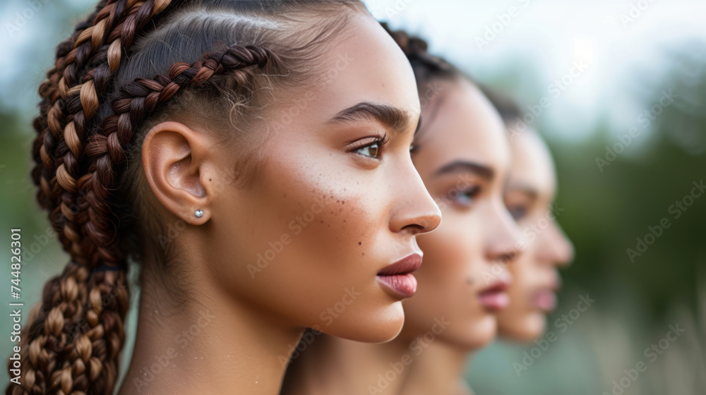 Close-up portrait in profile of three charming black young women with ...