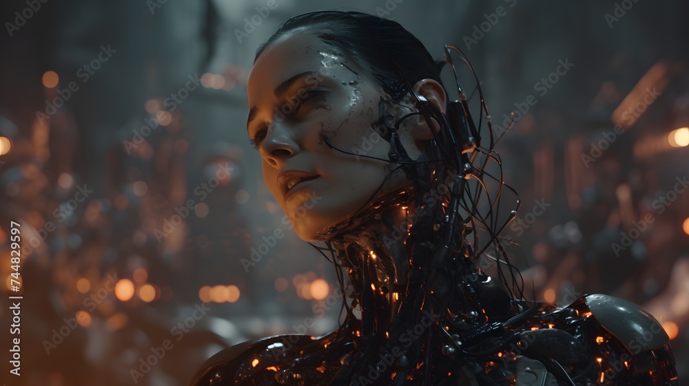 A humanoid robot, appearing almost ethereal, stands immersed in thought ...