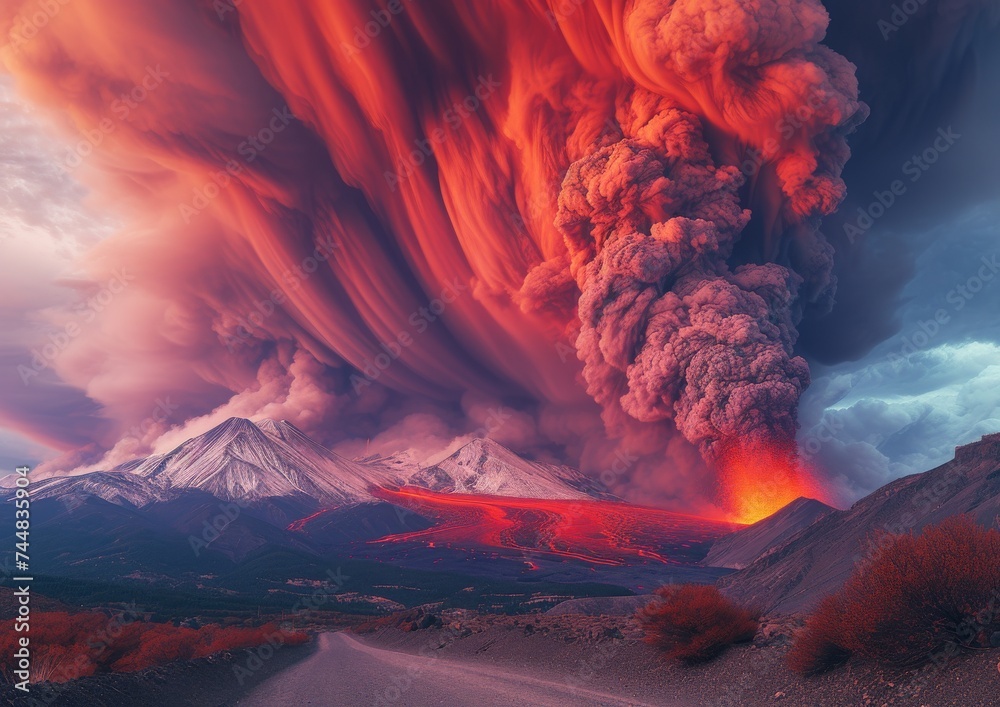 Apocalyptic volcanic eruption with dramatic ash plume and lava flow ...