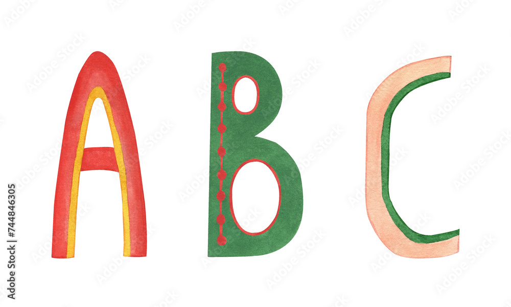Watercolor english letters abc. Spring colorful set. Red, orange, green ...
