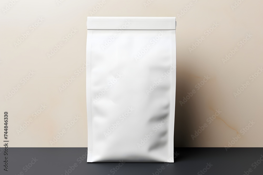 Blank white aluminium or plastic pouch packaging mockup on beige ...