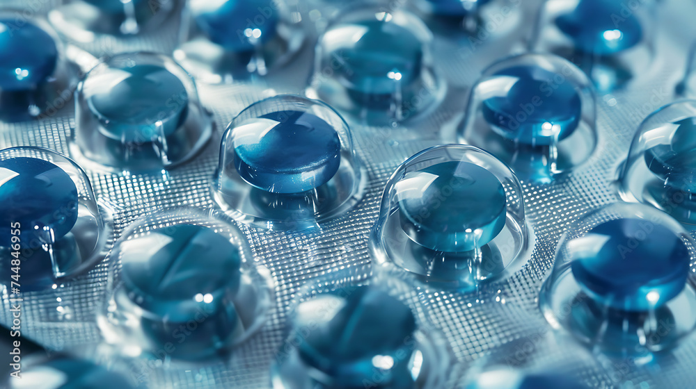 The image shows a close-up view of blue pills packaged in a blister ...