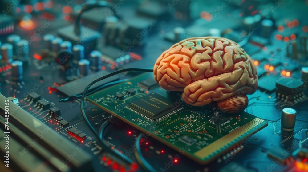 human brain with a chip inside a computer and a mouse and technology in ...