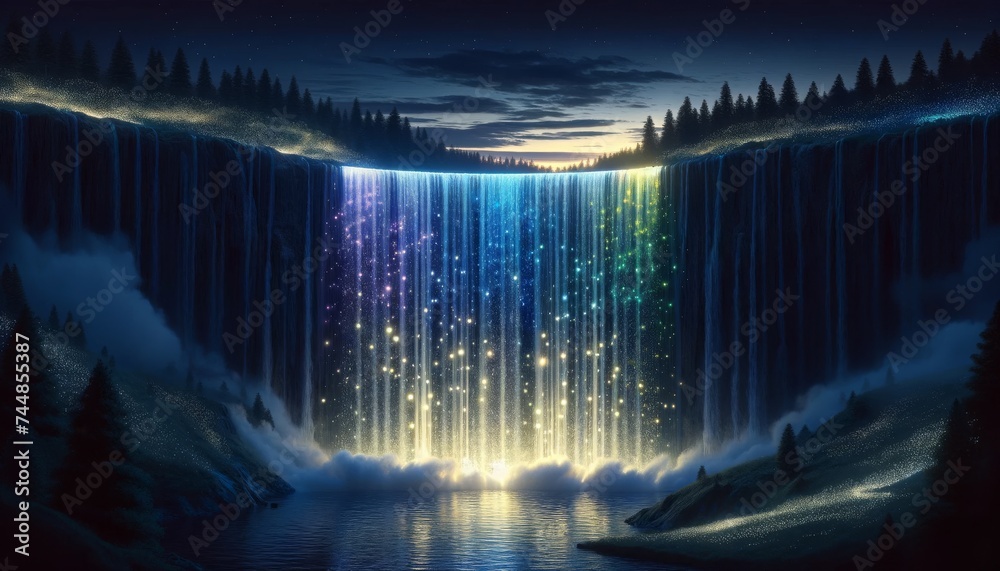 Mystic Night Waterfall with Cosmic Light Spectrum Stock Illustration ...